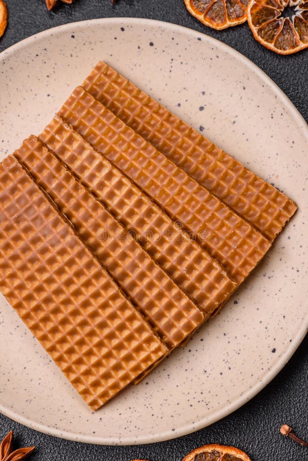 Delicious Sweet Crispy Rectangular Waffles on a Ceramic Plate Stock ...