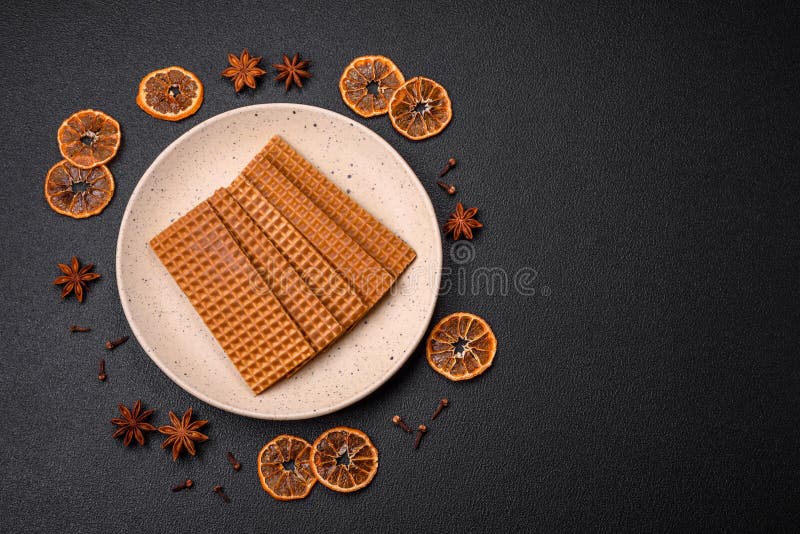 Delicious Sweet Crispy Rectangular Waffles on a Ceramic Plate Stock ...