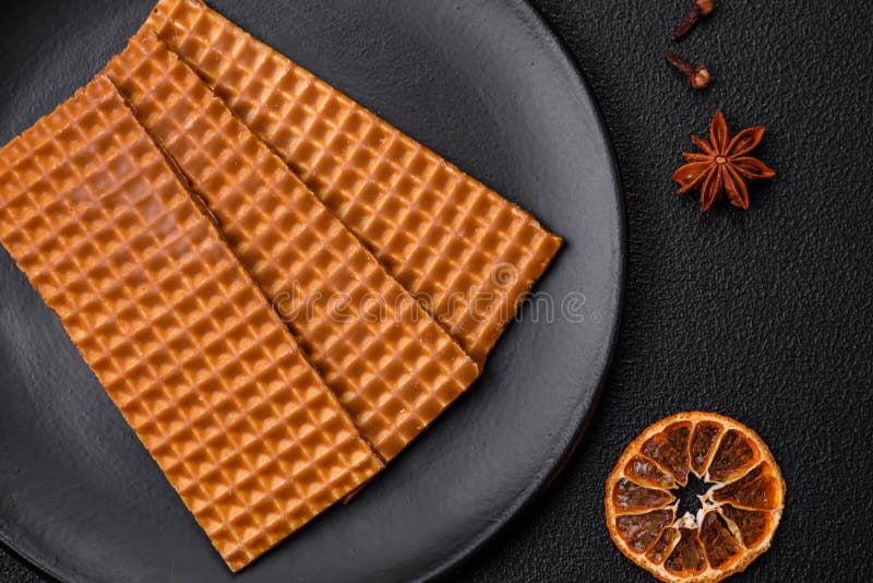 Delicious Sweet Crispy Rectangular Waffles on a Ceramic Plate Stock ...