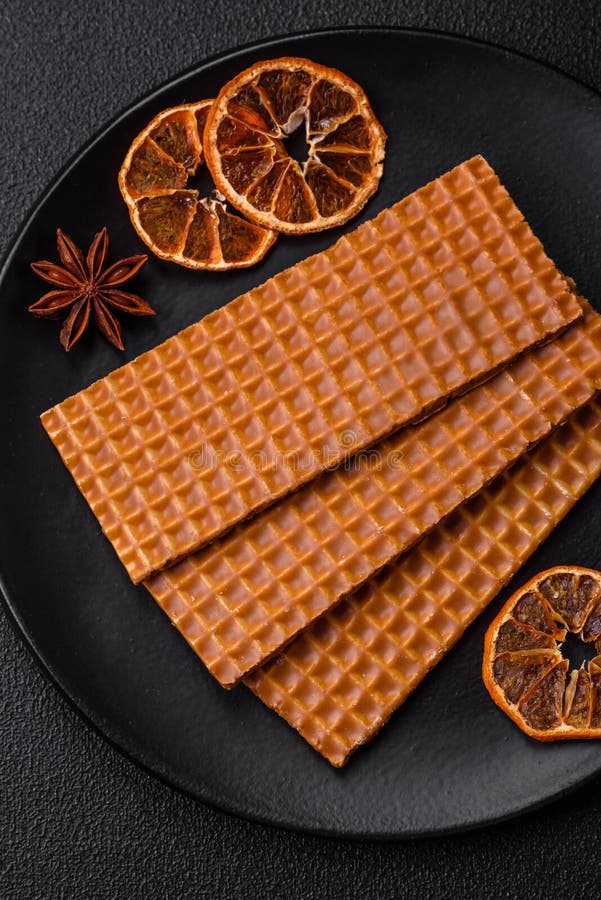 Delicious Sweet Crispy Rectangular Waffles on a Ceramic Plate Stock ...