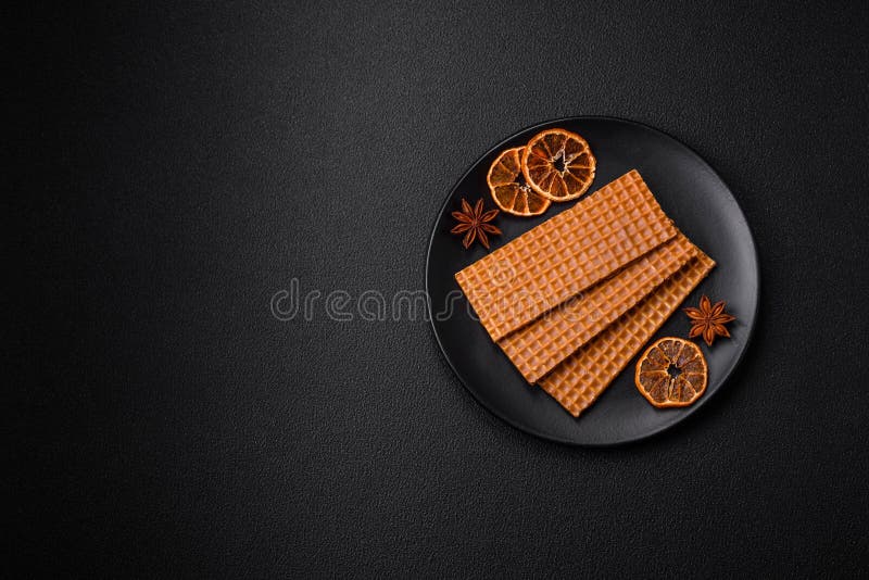 Delicious Sweet Crispy Rectangular Waffles on a Ceramic Plate Stock ...
