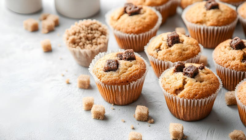 Delicious Sweet Muffins and Brown Sugar on Light Grey Textured Table ...