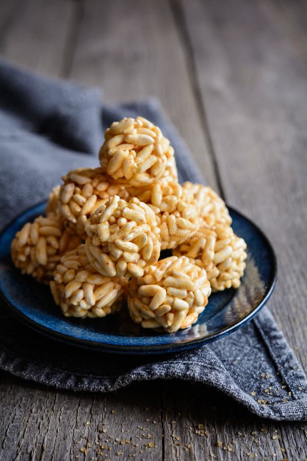 Puffed Rice Balls with Caramel Stock Photo - Image of coated, crunchy ...