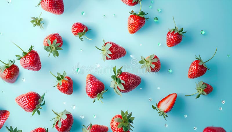Delicious Sweet Strawberries Falling on Light Blue Stock Illustration ...