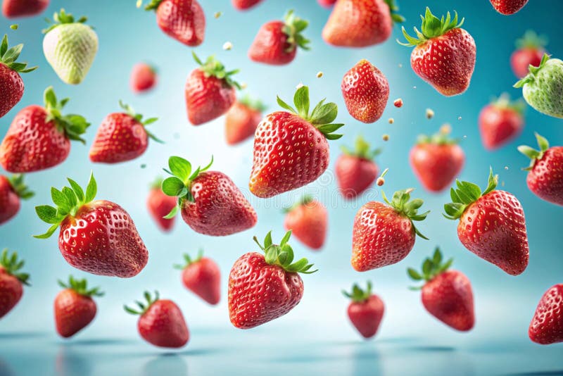 Delicious Sweet Strawberries Falling on Light Blue Background Stock ...