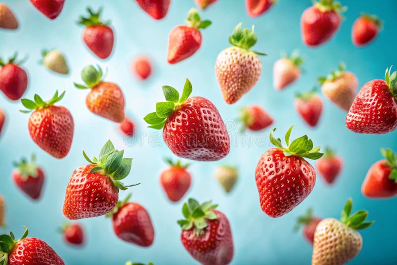 Delicious Sweet Strawberries Falling on Light Blue Background Stock ...