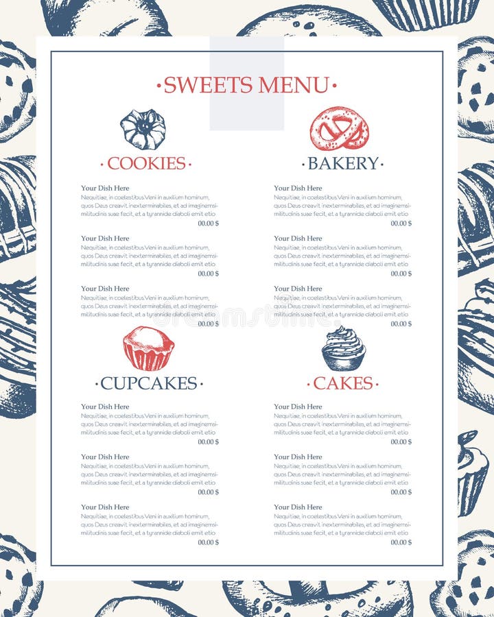 Delicious Sweets - Monochromatic Hand Drawn Template Menu Stock Vector ...