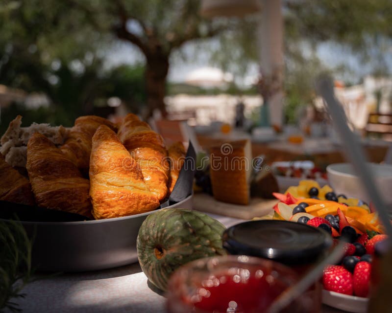 Delicious Table with Croissant and Mix of Fresh Fruits Stock Image ...