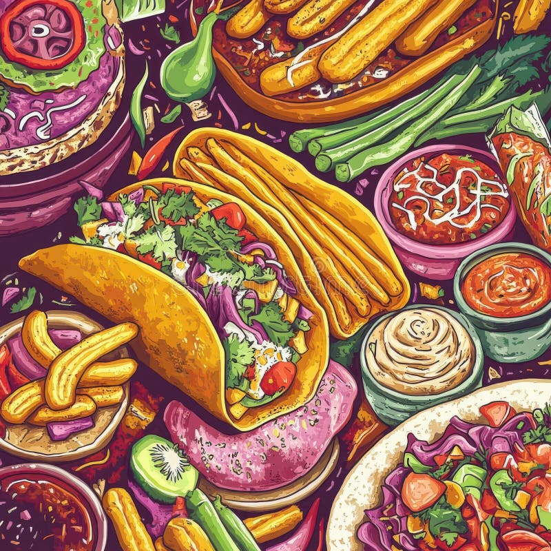 Delicious Taco with Toppings and Sides Stock Illustration ...