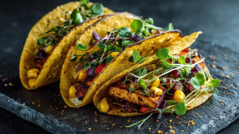 Delicious Tacos with Corn, Grilled Vegetables, and Microgreens ...