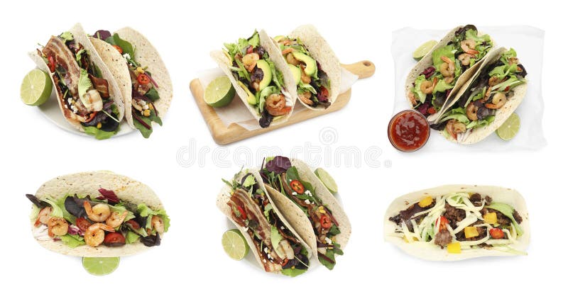 Delicious Tacos Isolated on White, Collage Design Stock Image - Image ...