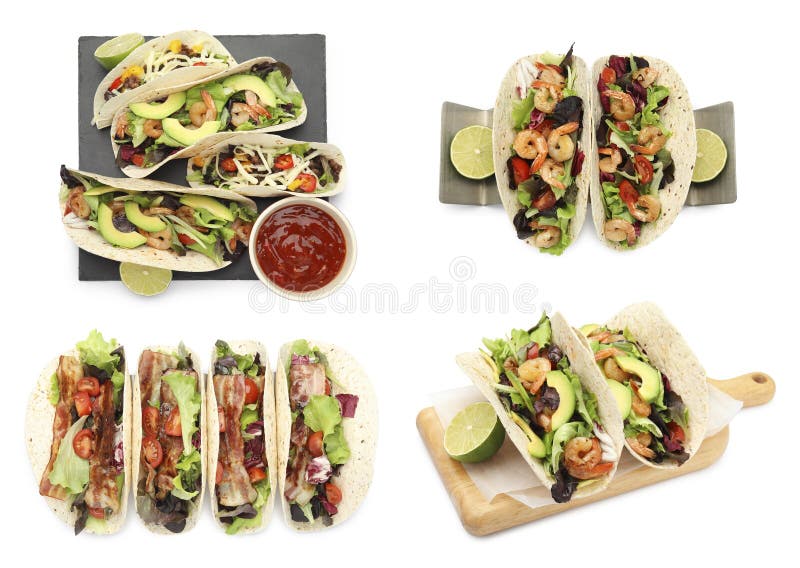 Delicious Tacos Isolated on White, Collage Design Stock Image - Image ...