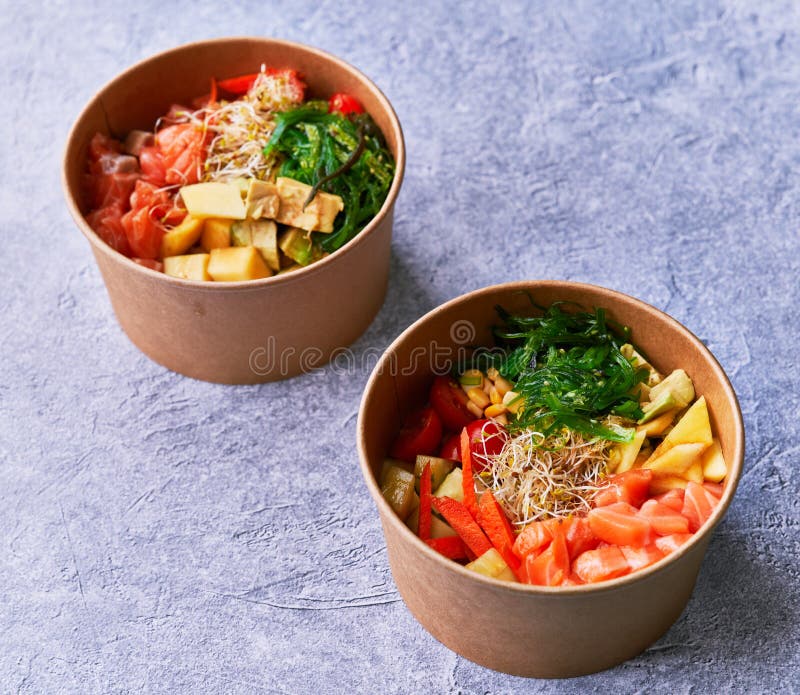 Delicious Take Away Poke Bowls on a Concrete Surface Stock Image ...