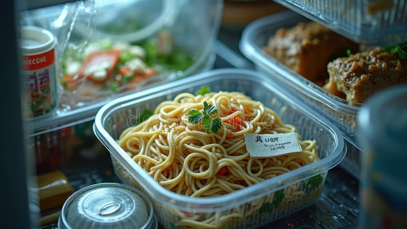 Delicious Takeout Spaghetti Meal in Plastic Container with Fresh ...