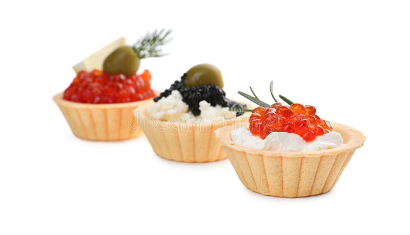 Delicious Tartlets with Red and Black Caviar on White Background Stock ...