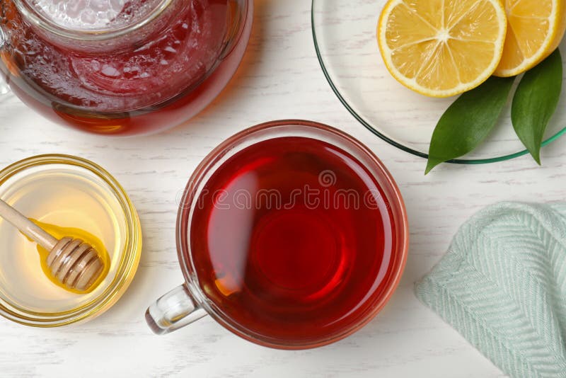 Delicious Tea with Honey and Lemon on Wooden Table, Flat Lay Stock ...