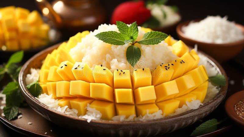 Delicious Thai Mango Sticky Rice with Cut Fresh Mango Fruit Stock Photo ...