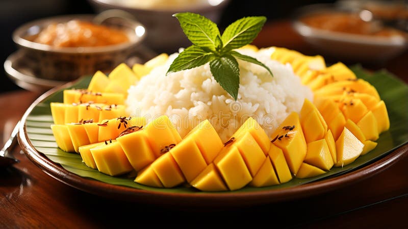 Delicious Thai Mango Sticky Rice with Cut Fresh Mango Fruit Stock Image ...