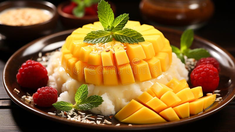 Delicious Thai Mango Sticky Rice with Cut Fresh Mango Fruit Stock Photo ...