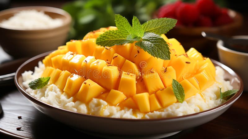 Delicious Thai Mango Sticky Rice with Cut Fresh Mango Fruit Stock Photo ...