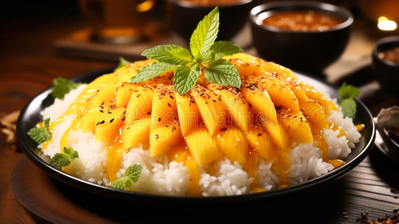 Delicious Thai Mango Sticky Rice with Cut Fresh Mango Fruit Stock Photo ...
