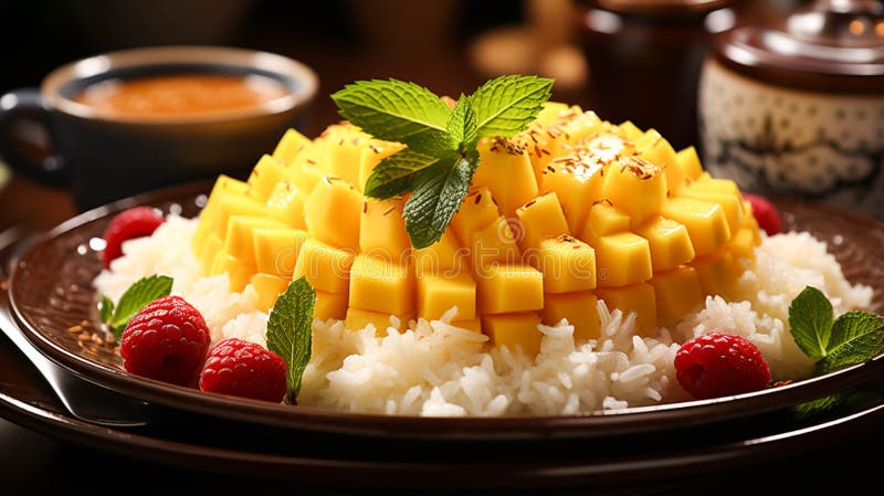 Delicious Thai Mango Sticky Rice with Cut Fresh Mango Fruit Stock Photo ...