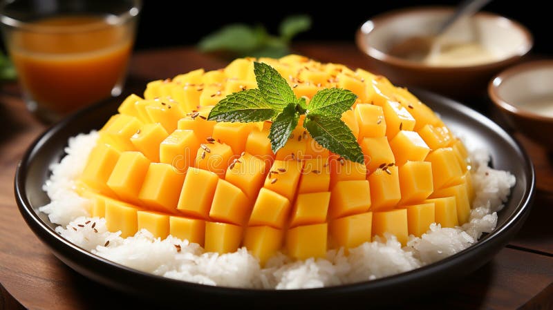 Delicious Thai Mango Sticky Rice with Cut Fresh Mango Fruit Stock Photo ...