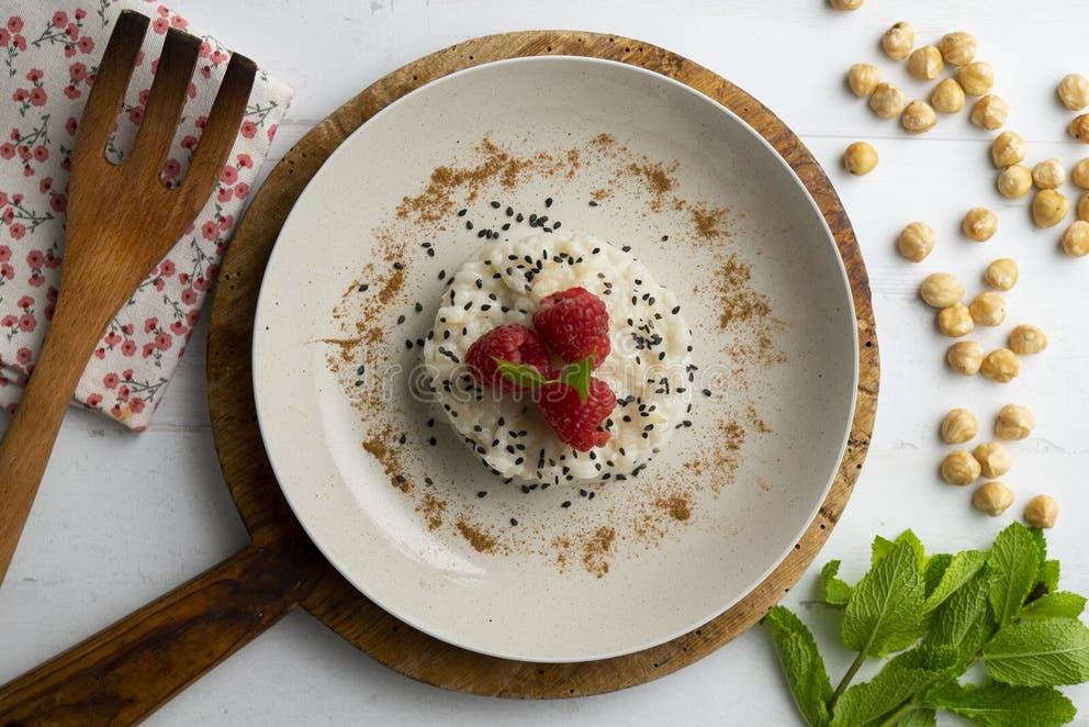 Delicious Thai Sticky Rice with Fresh Fruit Raspberry. Stock Photo ...