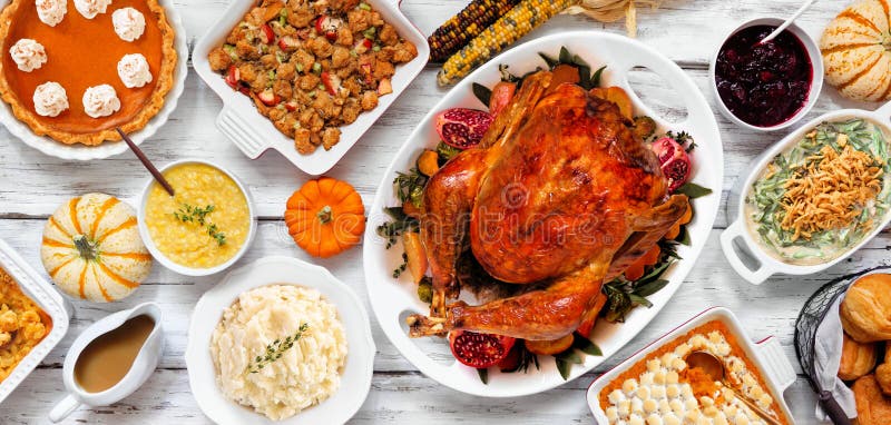 Delicious Thanksgiving Turkey Dinner Table Scene on a Rustic White Wood ...