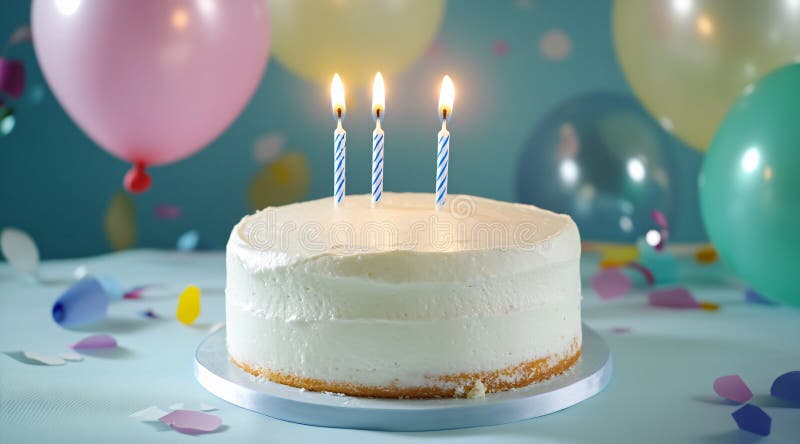 Delicious Three-Candle Birthday Cake with Balloons High Quality Image ...