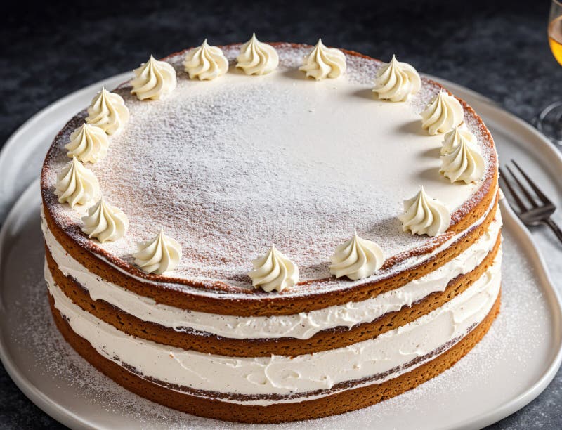 Delicious Three-Layer Cake Decorated with Cream and Powdered Sugar on a ...
