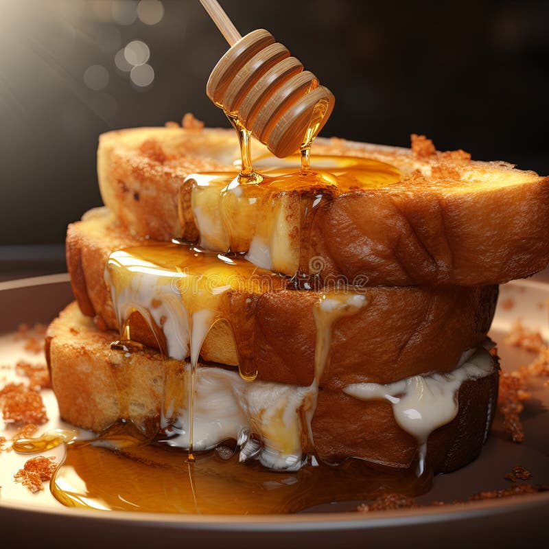 Delicious Toast with Melted Cheese and Drizzling Honey on White Plate ...