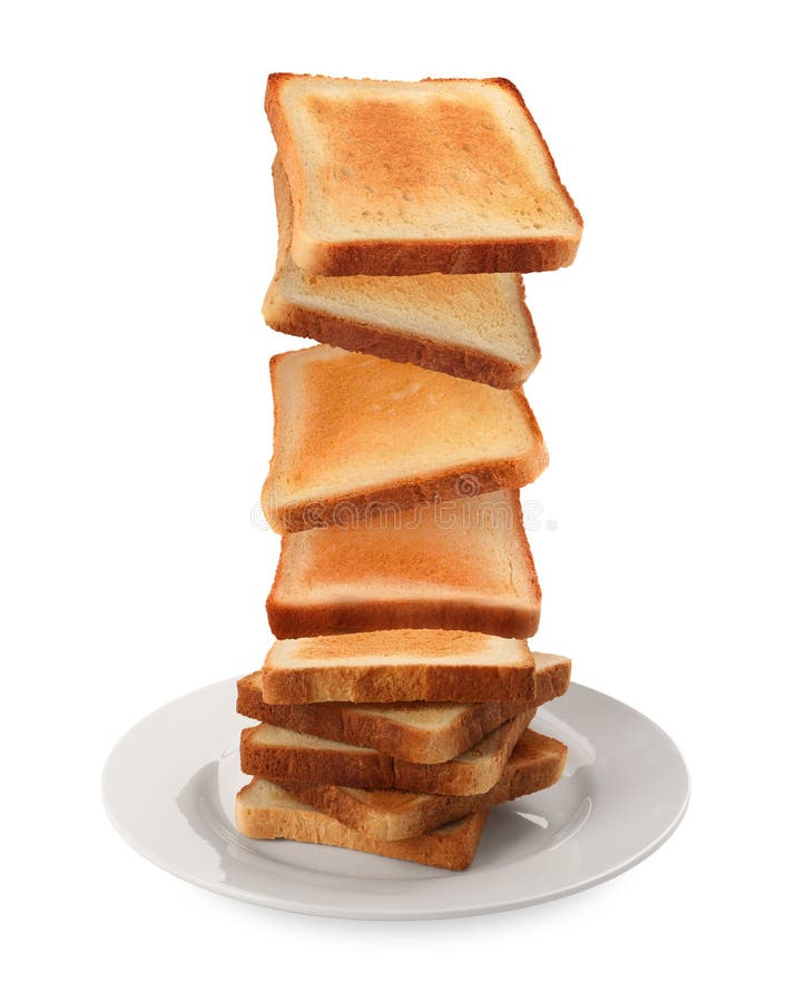 Delicious Toasted Bread Falling into Plate on White Background Stock ...