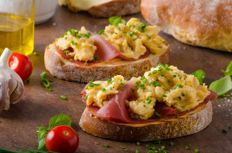 Delicious Toasted Bread with Scrambled Eggs Stock Photo - Image of ...