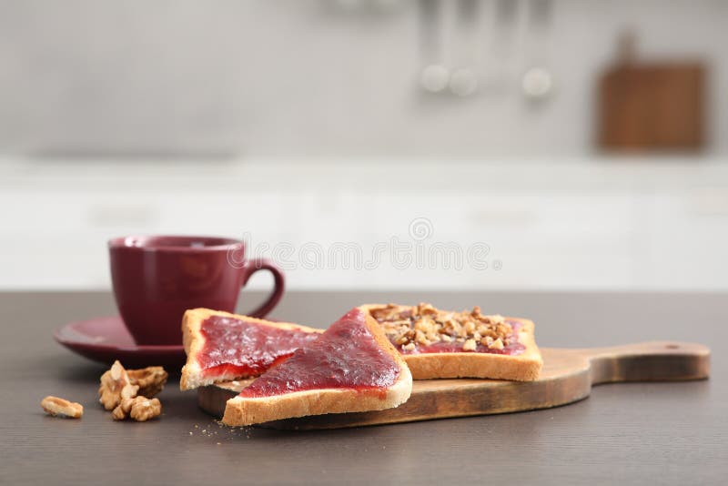 Delicious Toasts and Cup of Drink on Counter in Kitchen Stock Image ...