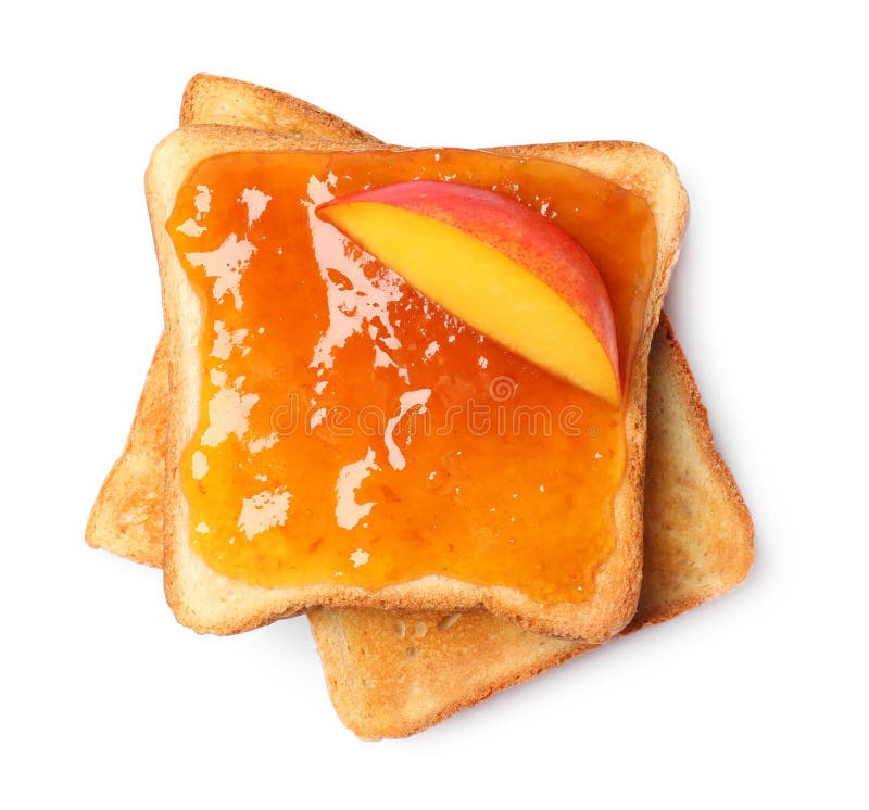 Delicious Toasts with Jam Isolated on White, Top View Stock Photo ...