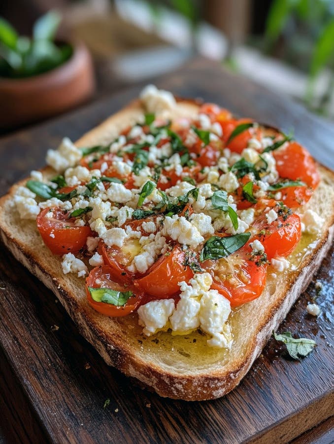 Delicious Tomato Feta Toast with Fresh Basil on Rustic Bread Stock ...