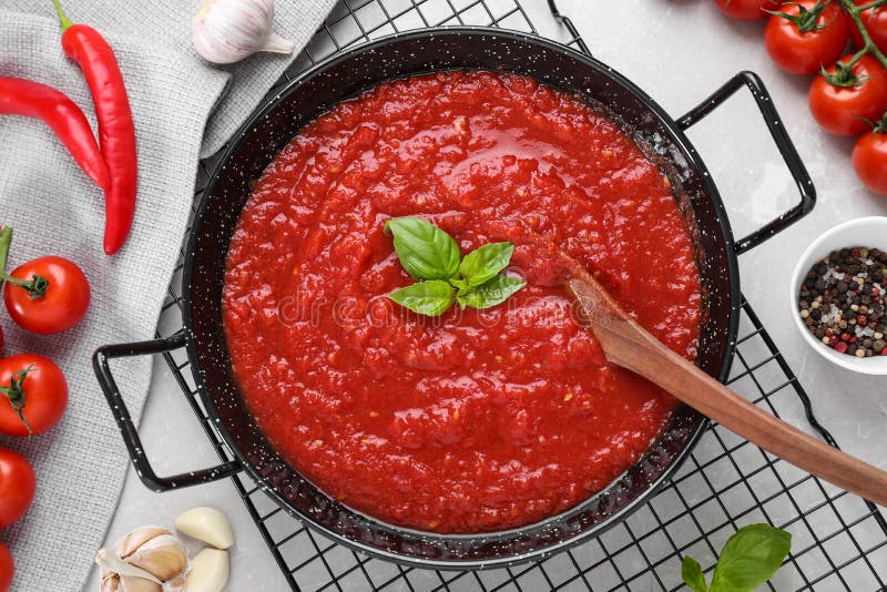 Delicious Tomato Sauce in Pan on Table Stock Photo - Image of organic ...