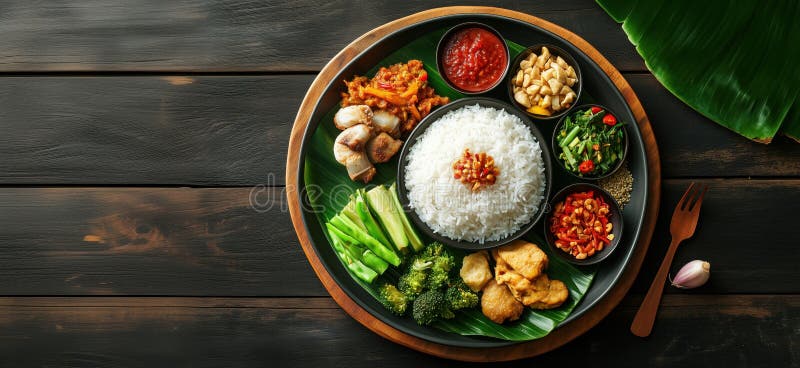 Delicious Traditional Asian Rice Platter with Various Side Dishes and ...