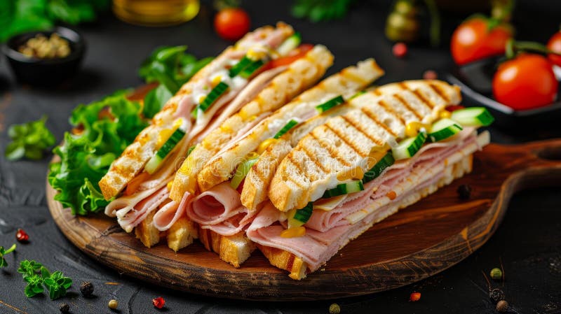 Delicious Triangle Sandwich with Ham, Cheese, Tomato, and Fresh Salad ...