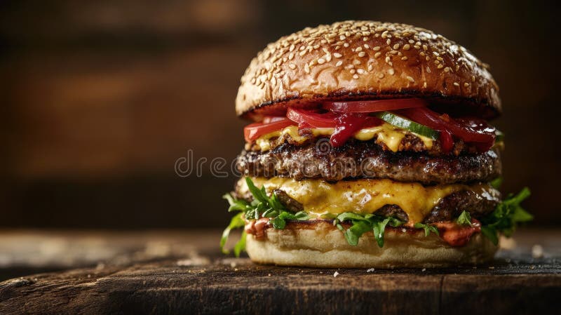 Delicious Triple-layer Hamburger with Fresh Toppings and Cheese Stock ...