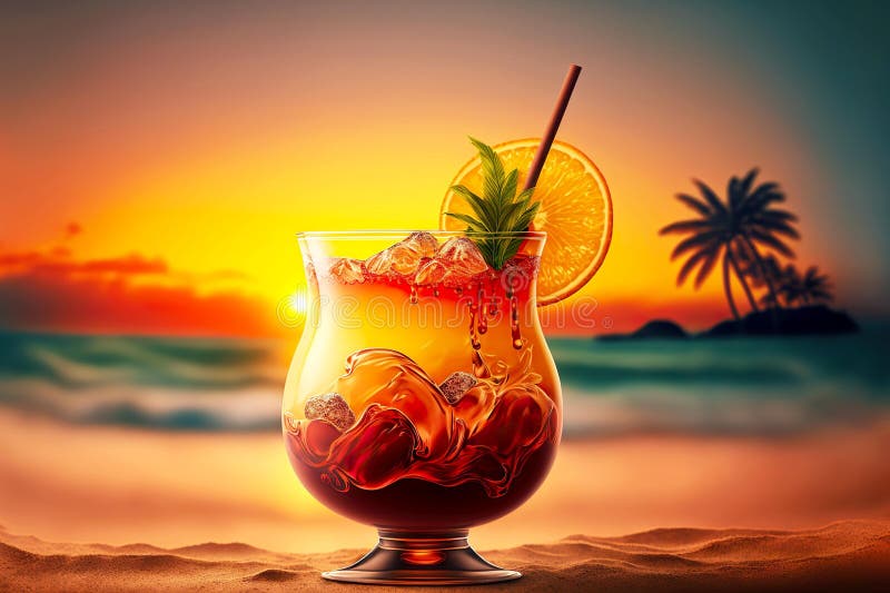 Delicious Tropical Beach Cocktail Against Backdrop of Setting Sun Stock ...