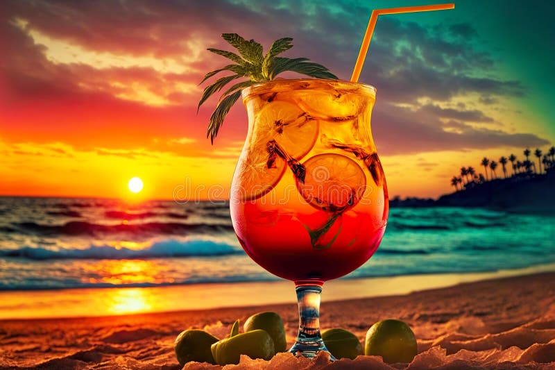 Delicious Tropical Beach Cocktail Against Backdrop of Setting Sun Stock ...