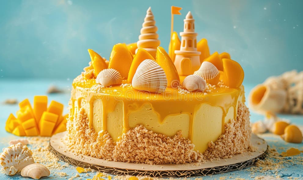 Delicious Tropical Beach-themed Cake with Mango, Shells, and Decorative ...