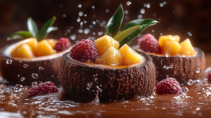 Delicious Tropical Fruit Dessert Served in Chocolate Splash Stock Photo ...