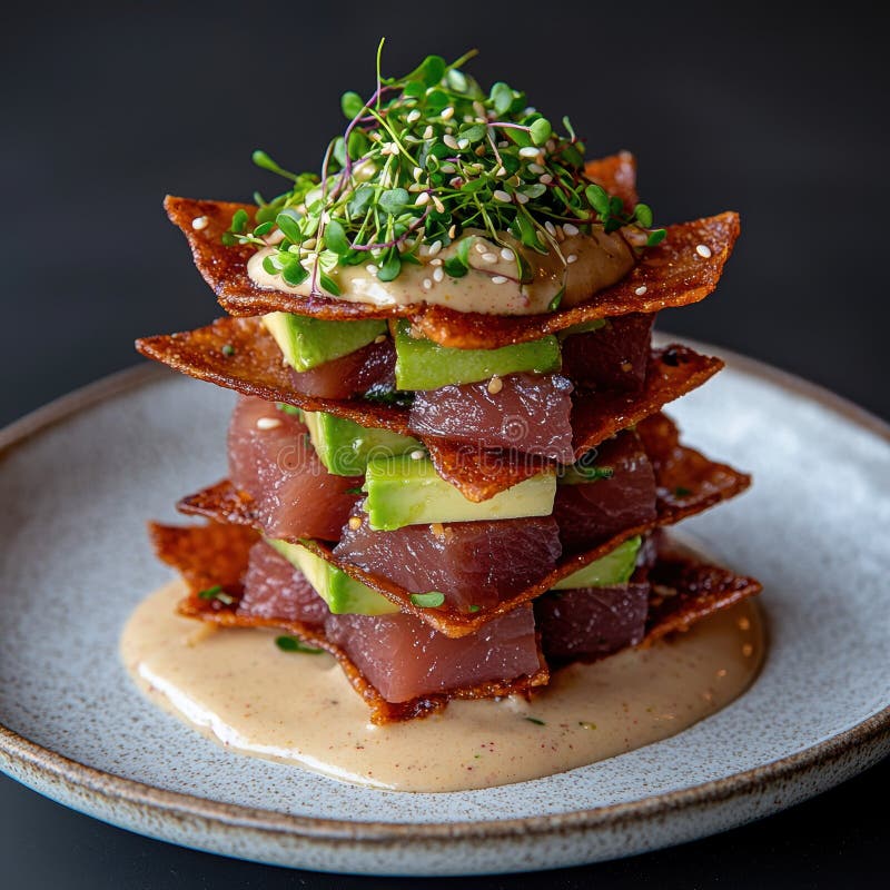 Delicious Tuna Avocado Stack Appetizer with Crispy Wonton Chips and ...