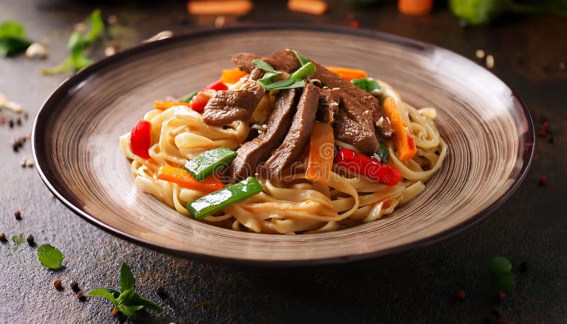 Delicious Tuns Udon Noodles with Beef and Vegetables Stock Illustration ...