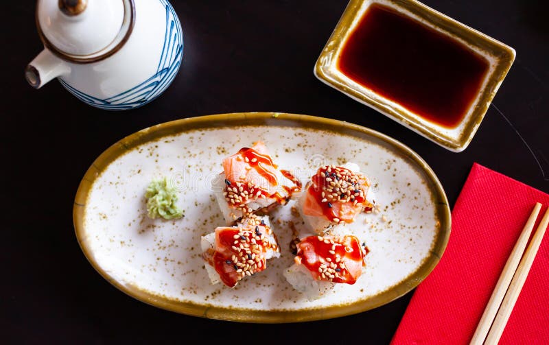 Delicious Uramaki Sushi from Raw Salmon Fish Stock Image - Image of ...