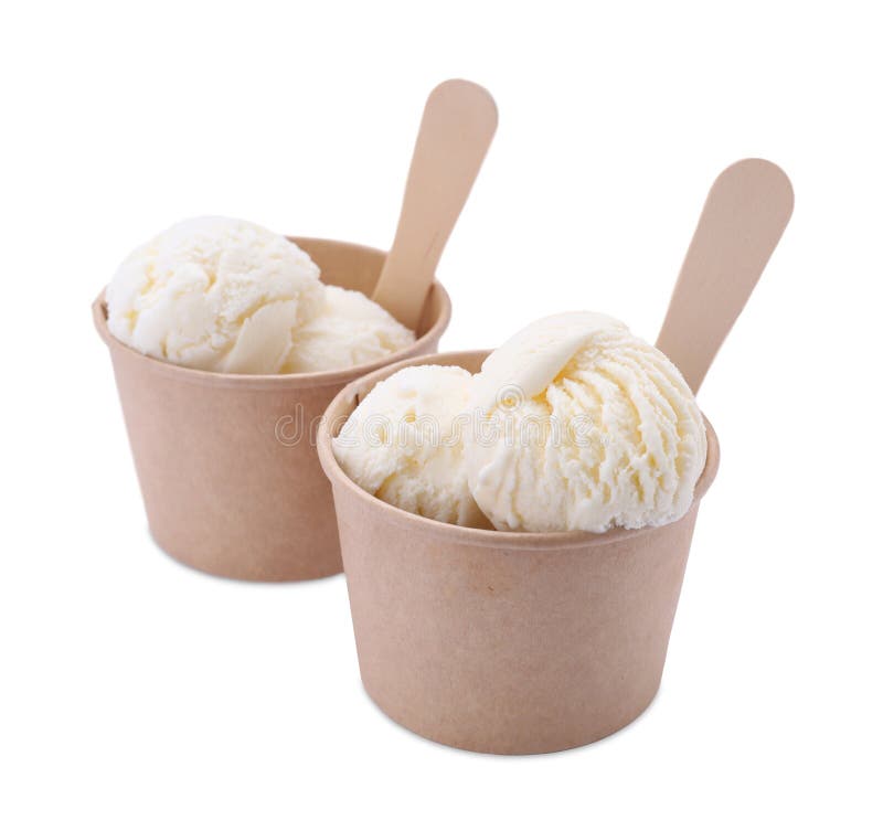Delicious Vanilla Ice Cream in Paper Cups Isolated on White Stock Image ...