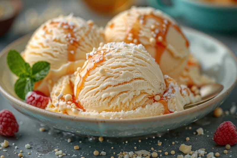 Delicious Vanilla Ice Cream Sundae with Caramel and Raspberries Stock ...